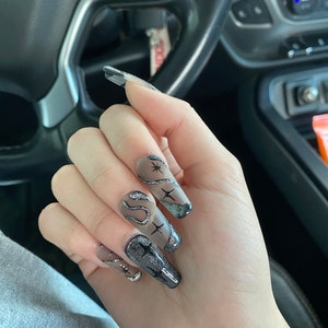 Black Stars Press on Nails, Black Coffin Nails, Custom Fake Nails, Handpainted False Nails ...