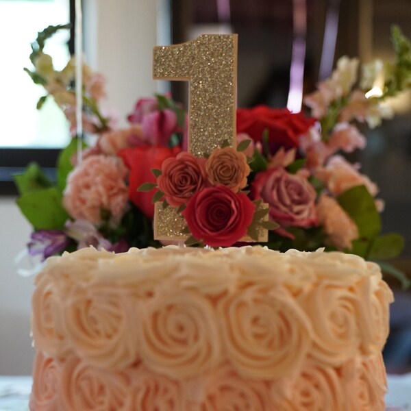 One Year Old Cake Topper, Floral Cake Topper, Number 1 Cake Topper, One ...