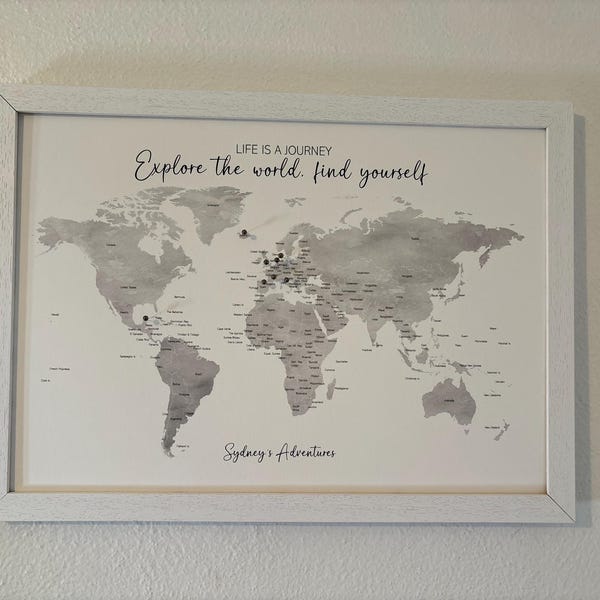 Custom Grayscale Monochrome Push Pin World Map, Small Personalised ...