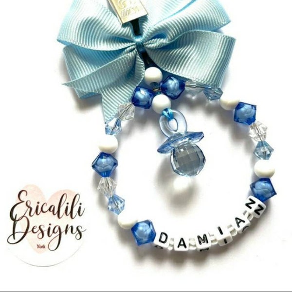 Personalised Pram Charm Clip, Dummy Blue White Boy New Baby Shower Gift ...