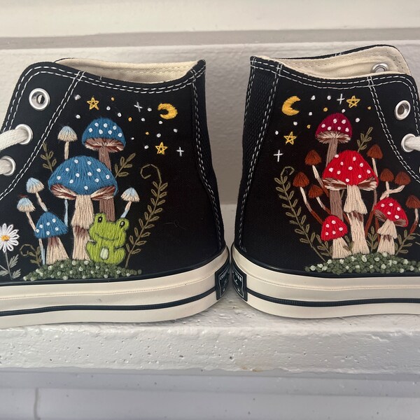 Embroidered Converse Mushroom and Frog, Converse High Tops Chuck Taylor ...
