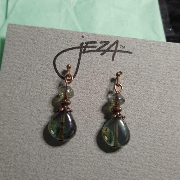 Earthy Green Teardrop Earrings - Rustic Woodland Czech Glass Beads ...