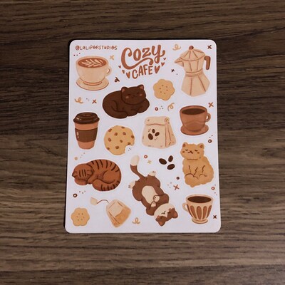 Cozy Cafe Sticker Sheet Aesthetic Coffee Stickers, Cat Stickers, Light ...