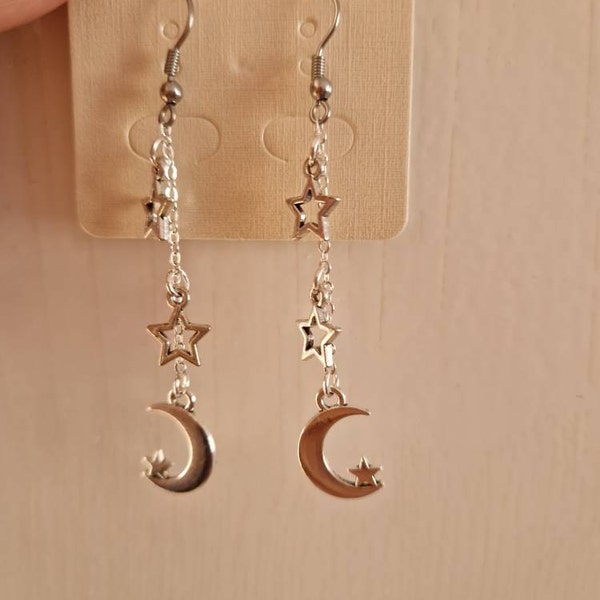 Moon and Dangling Stars Dangle Drop Silver Earrings Stainless Steel 925 ...