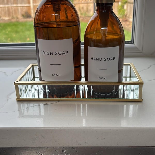 Amber Glass Soap Dispenser - Labelled Refillable Bottle With Metal Pump ...