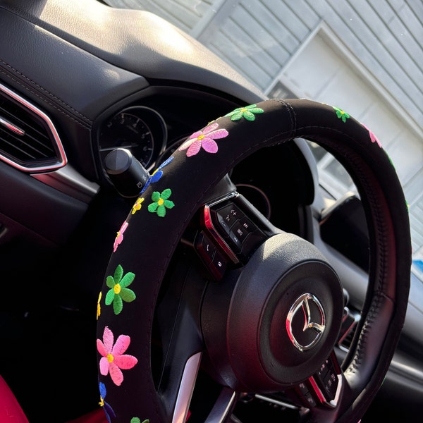Flower Embroidery Steering Wheel Cover, Floral Steering Wheel Cover ...