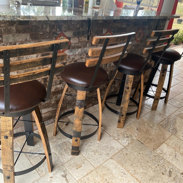 Whiskey Barrel Stave Bar Stools With Cushioned Swivel Seats and Backs ...