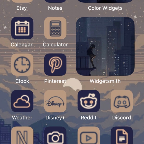 Lo-fi Aesthetic Night Blue Bronze Ios 14 Covers | Neon Icon | Theme ...
