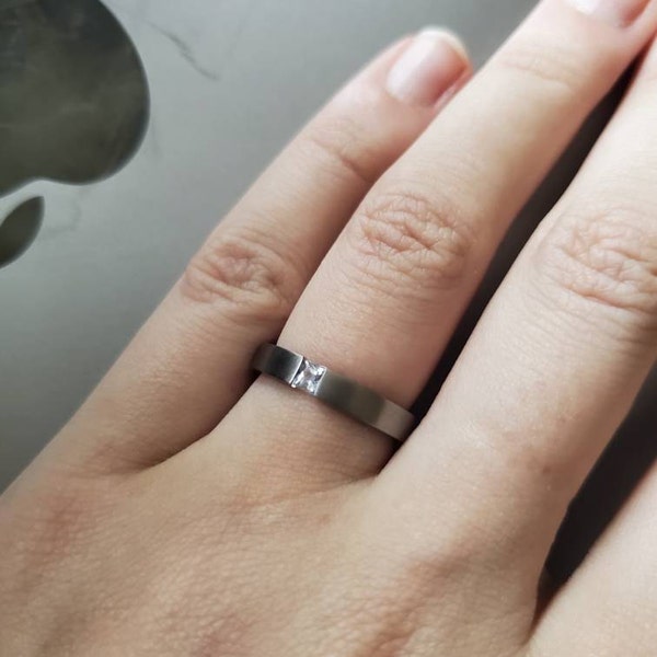 Titanium Tension Ring With Princess Cut Gemstone Setting. Brushed ...
