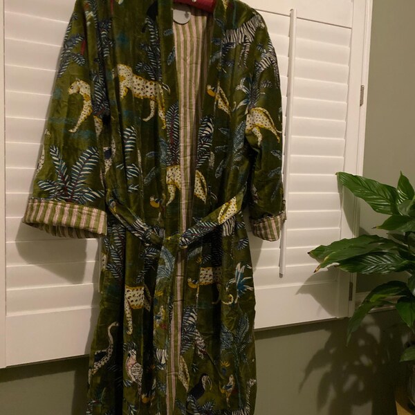 Pink Bird Print Velvet Kimono Robes, Morning Tea Velvet Coat ...