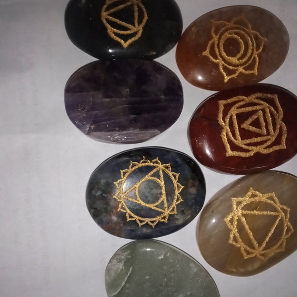 7 Chakra Stones in Heart, Oval & Round Shape / Engraved Seven Chakra ...