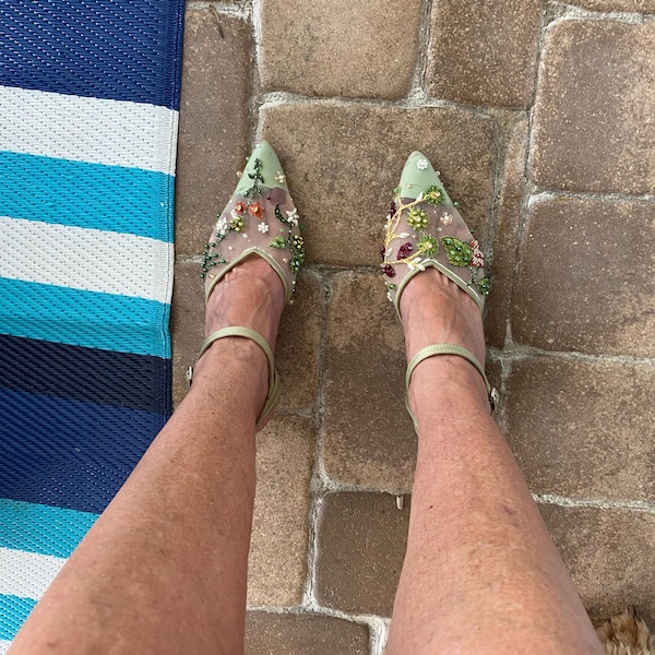 Sage Green Floral Embroidery Party Shoe, Comfort Low Heels Shoe ...