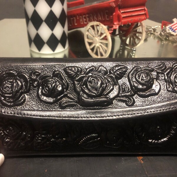 Black Leather Wallet, Roses,tooled Leather,black Rose,rose Wallet - Etsy