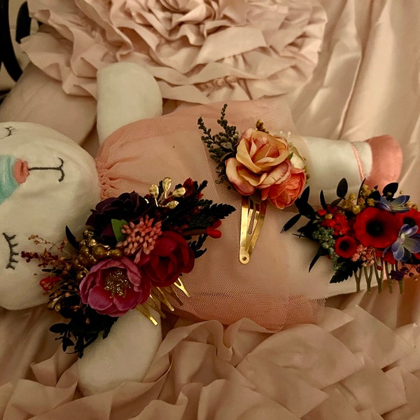 Set of Fuchsia Flower Accessories Flower Bridal Hair Comb Purple Hair ...