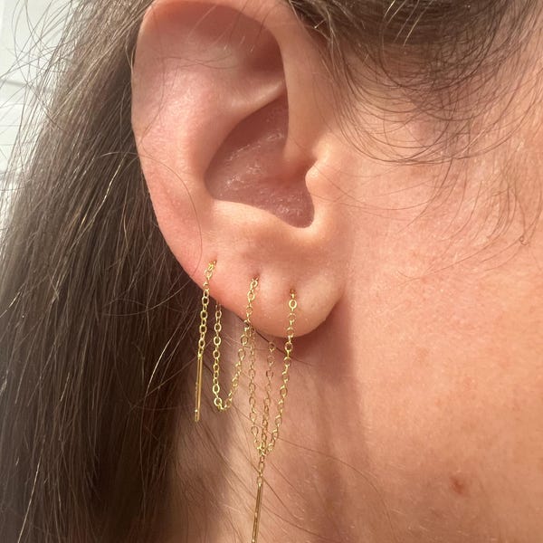 Dainty Threader Earrings • Gold Long Chain Threader Earrings • Silver ...