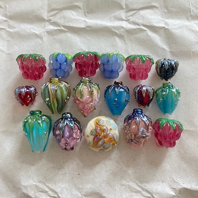 Powder Blue Glass Beads, Handmade Glass Beads, Lampwork Flower Beads ...