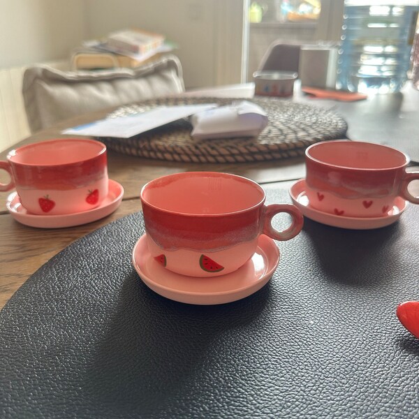 Ceramic Pink Red Heart Mug With Saucer, 5.5 Oz Mug, Handmade Coffee Tea ...