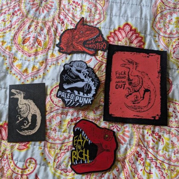 Dilophosaurus Paleo Punk Jacket Patches, Natural History Paleoart ...