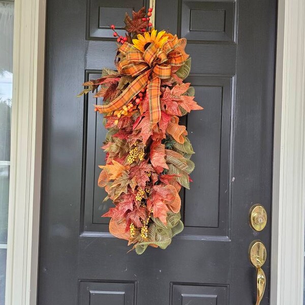 Fall Swag, Autumn Front Door Swag Wreath, Teardrop Wall Hanging ...
