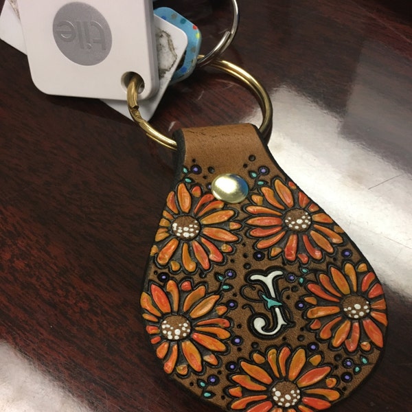 Custom Initial Leather Key Ring - Fall Sunflowers - Hand Painted Autumn ...
