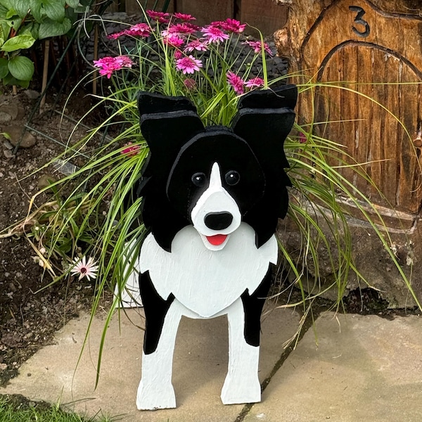 Border Collie Planter, Garden Ornament, Planter Box, Wooden Pet, Scroll ...