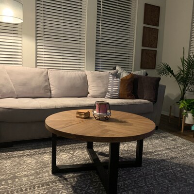 Round Rustic Wood Herringbone Pattern Coffee Table With Black Wood Legs ...