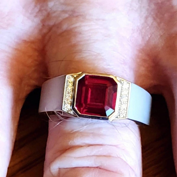 18K/14K/10K Solid Yellow Gold Lab Created Ruby Ring for Men Gold Band Red Gemstone Statement ...