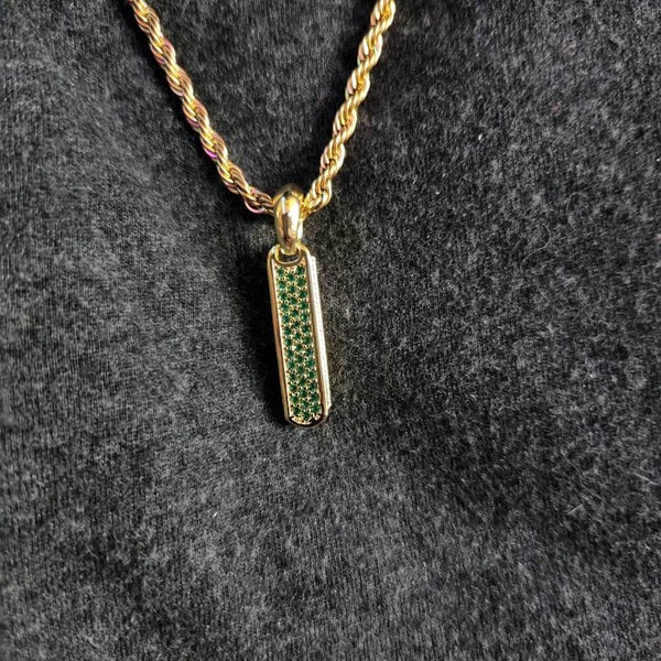 Men's Diamond Vertical Bar Pendant - Gold on Emerald Pavé Gemstones - Etsy
