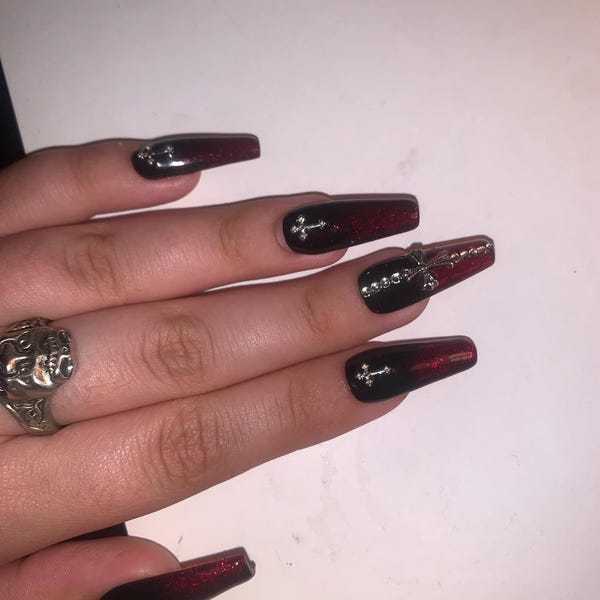 Black and Dark Glitter Red Ombre Gothic Cross Press on Nails | Glue on ...