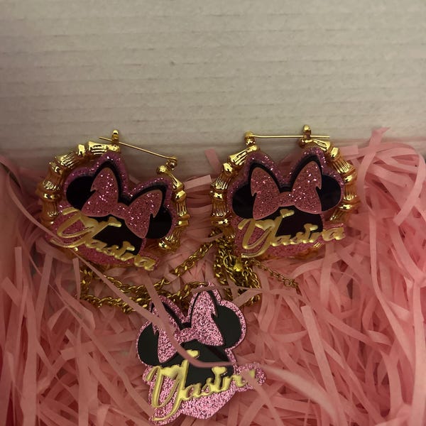 Minnie Mouse Jewelry Set, Custom Bamboo Earrings, Cartoon Name Necklace ...