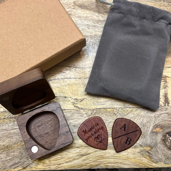 Personalized Wooden Guitar Picks With Case, Custom Guitar Pick Holder ...