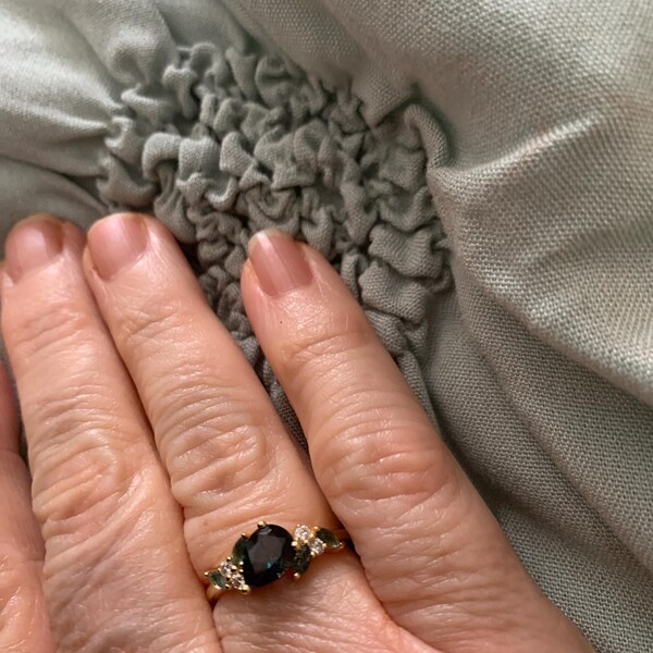 Pear Cut Teal Sapphire Engagement Ring Vintage Marquise Moss Agate ...