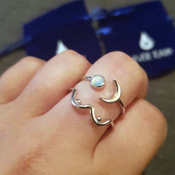 Sterling Silver Opal Moon Ring, Full Moon and Cresent Moon, Adjustable Sized Ring, Open Ring ...