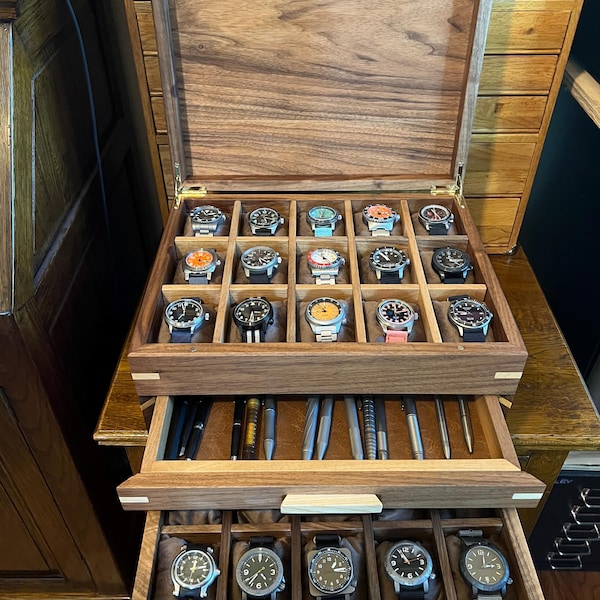 Walnut Watch Box With Drawer, Personalized Watch Case (for 6, 8 or 10 ...