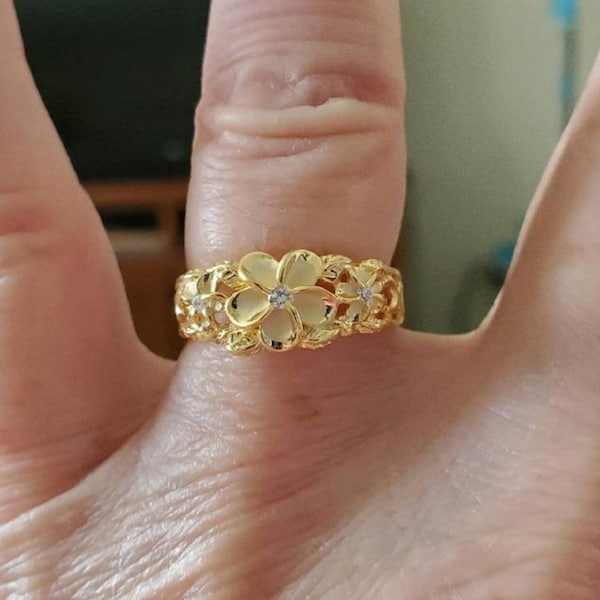 Sterling Silver Hawaiian Plumeria Ring. 14K Gold, Rose Gold Plated ...