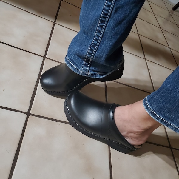 Black Leather Chef Clogs: Troentorp Wooden Work Shoes - Etsy