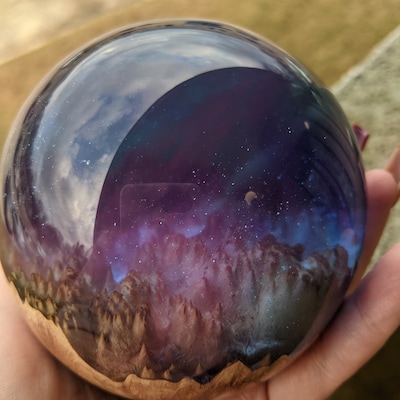 Galaxy Resin Paperweight, Resin and Wood Hybrid Sphere, Resin Art Wood ...