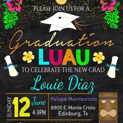Editable Luau Graduation Invitation, Chalkboard Printable College ...