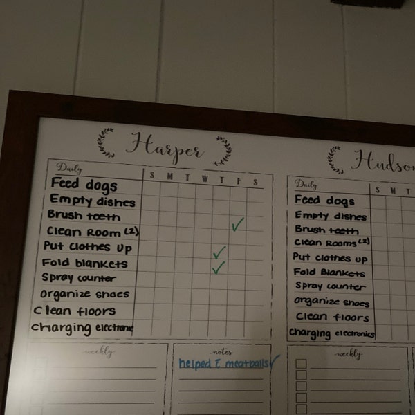 Framed Chore Chart for Two Kids, Dry Erase Whiteboard for Two Children ...