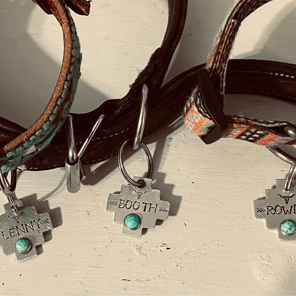 Custom Western Pet ID Tag With Turquoise - Southwestern Longhorn Cowdog ...
