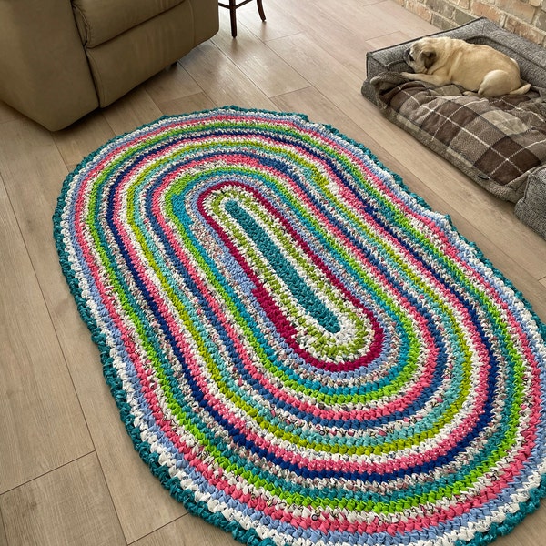 Rag Rug, Black, Red, and White 43 Crocheted Round Rag Rug, Cottage Chic ...