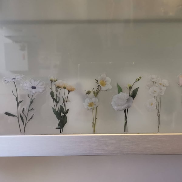 20 Vinyl Transparent White Flower Sticker Pack, Waterproof Reusable Set ...