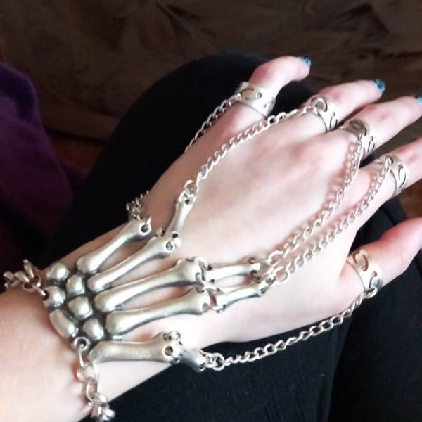 Antique Silver Gothic Skeleton Hand Ring Chain Bracelet, Skeleton Hand ...