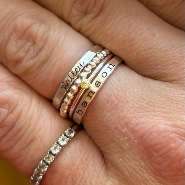 Ring Set Gift for Mom | Stackable Rings | Personalized Name Rings | 14k Gold Filled Name Ring ...