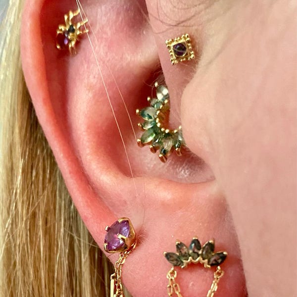 14K Gold Moss Agate Earring Threadless Push Pin Stud Dainty Fan Shape ...