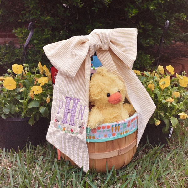 Monogrammed Easter Basket Bow, Personalized Easter Basket Sash, Embroidered Bunny Basket Gingham ...