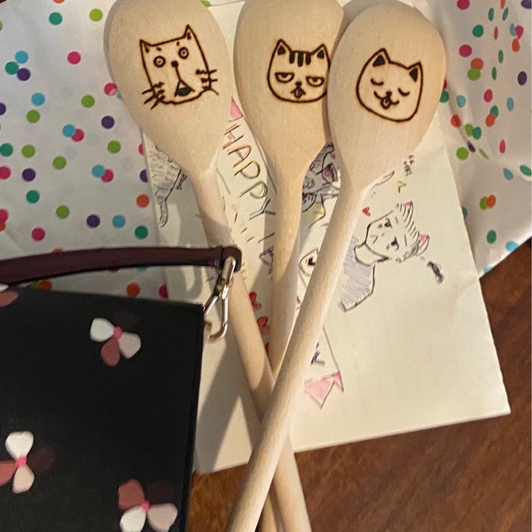 Cat Wooden Spatula and Spoon Set, Funny Cat Kitchen Gifts, Hand Burned ...