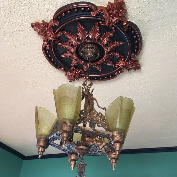 A Large Baroque Ceiling Medallion, Pink, White and Hand Painted Gold ...