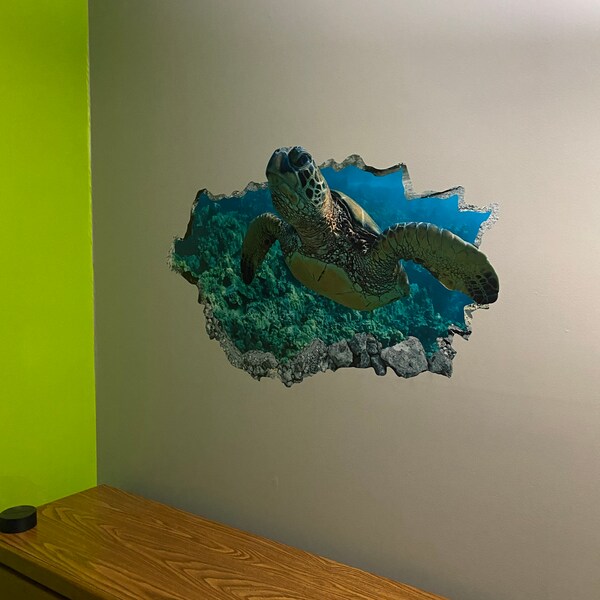Wild Turtle Wall Decal - Deep Ocean Animal 3D Smashed Wall Art Sticker ...