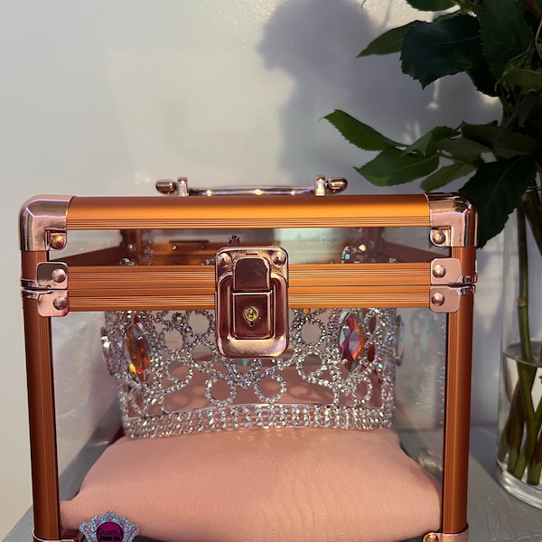 Purple Rhinestone Pageant Crown Box Tiara Display With Sash Holder Tray ...